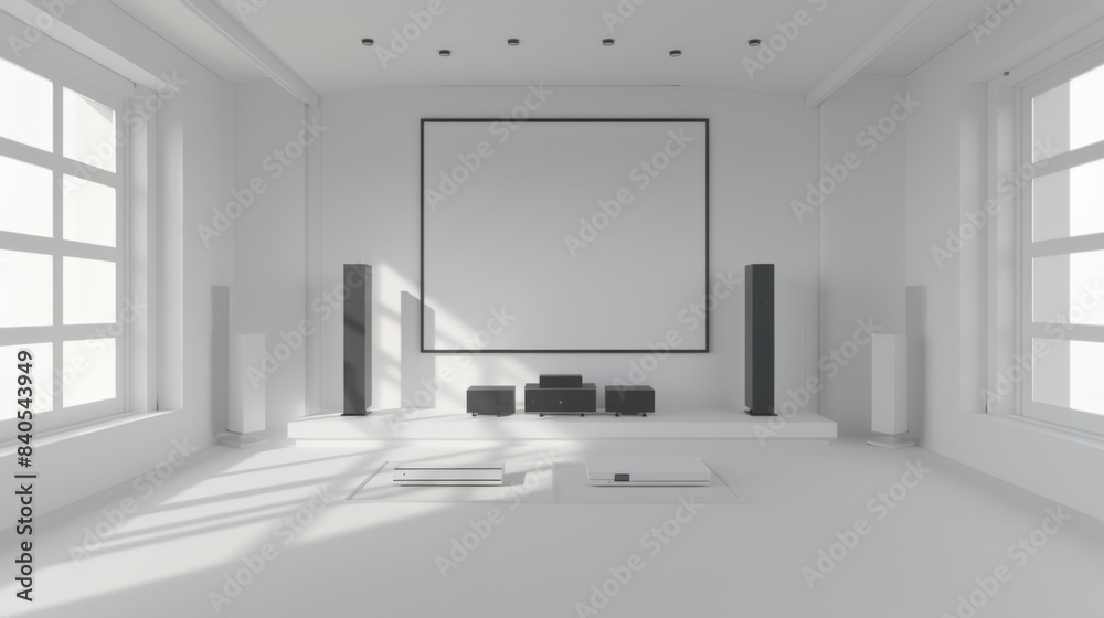 Spacious modern home theater with large projector screen, surround ...