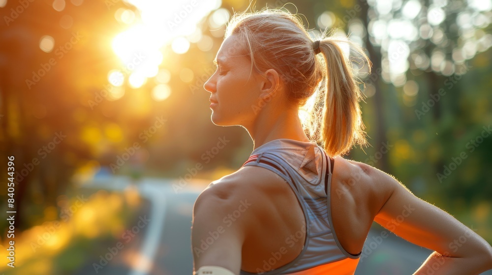 A woman has neck and shoulder pain at the park's health concept after ...