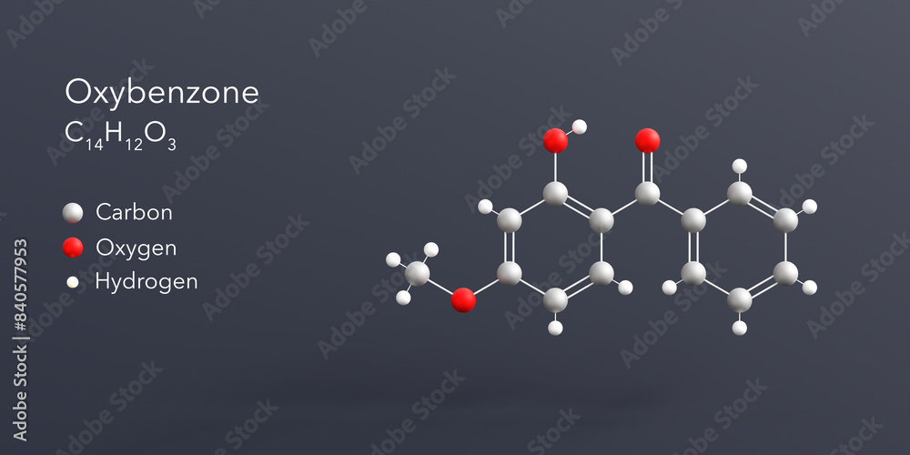 oxybenzone molecule 3d rendering, flat molecular structure with ...