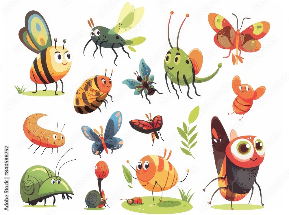 Insect cartoon illustration. Cartoon caterpillar, butterfly, grasshopper, ant, ladybug, mosquito ...