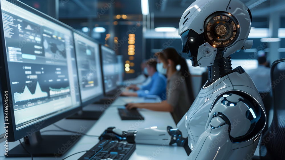Shallow focus on Humanoid doing computer work. Co-worker in the ...