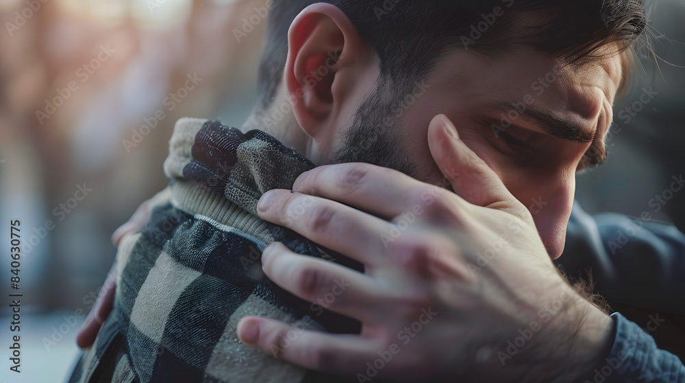 Young man offering support and solace to a friend or attendee suffering ...