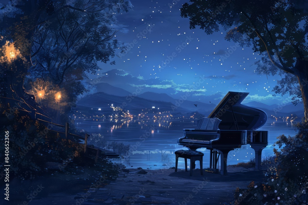 Showcase the classic and artistic essence of a grand piano in a scenic ...
