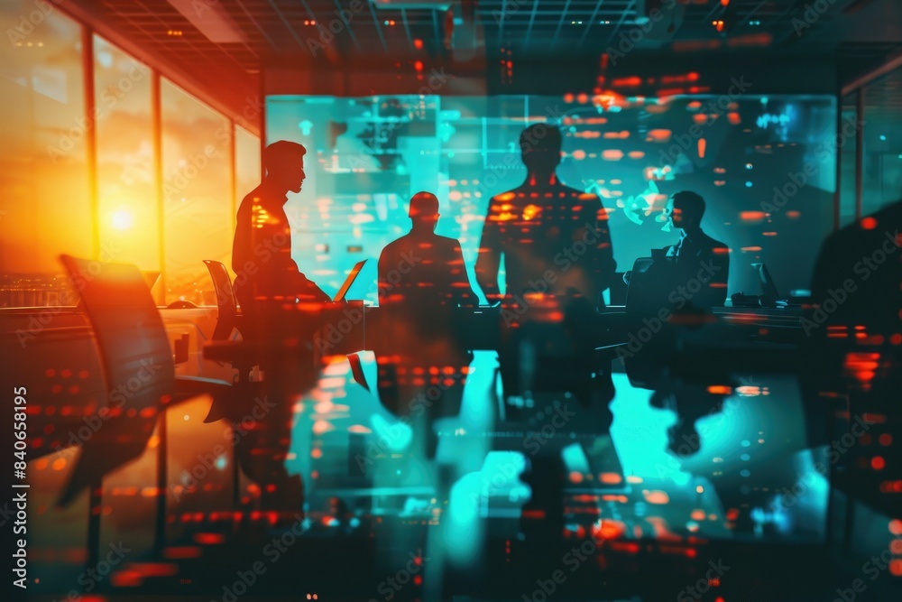 Executive team formulating strategy on a digital whiteboard, selective ...