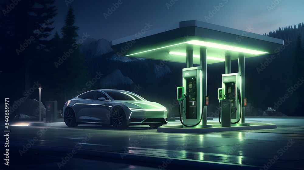 A 3D visualization of a high-tech electric vehicle charging station ...