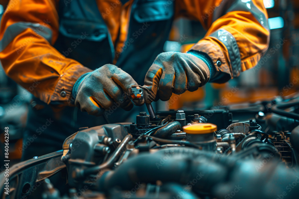 Automotive mechanic repairing car engine in workshop. Close-up shots of ...