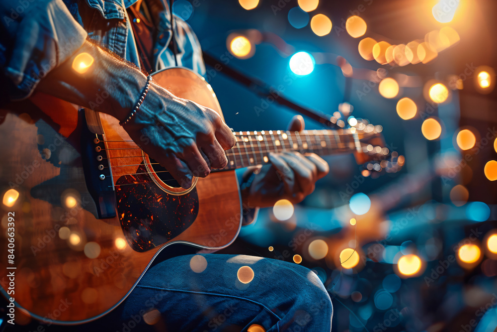 Guitarist performing on stage with vibrant bokeh lights. Live music ...