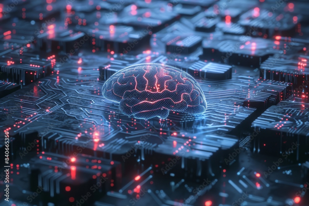 Futuristic artificial intelligence concept with digital brain and circuitry, representing ...