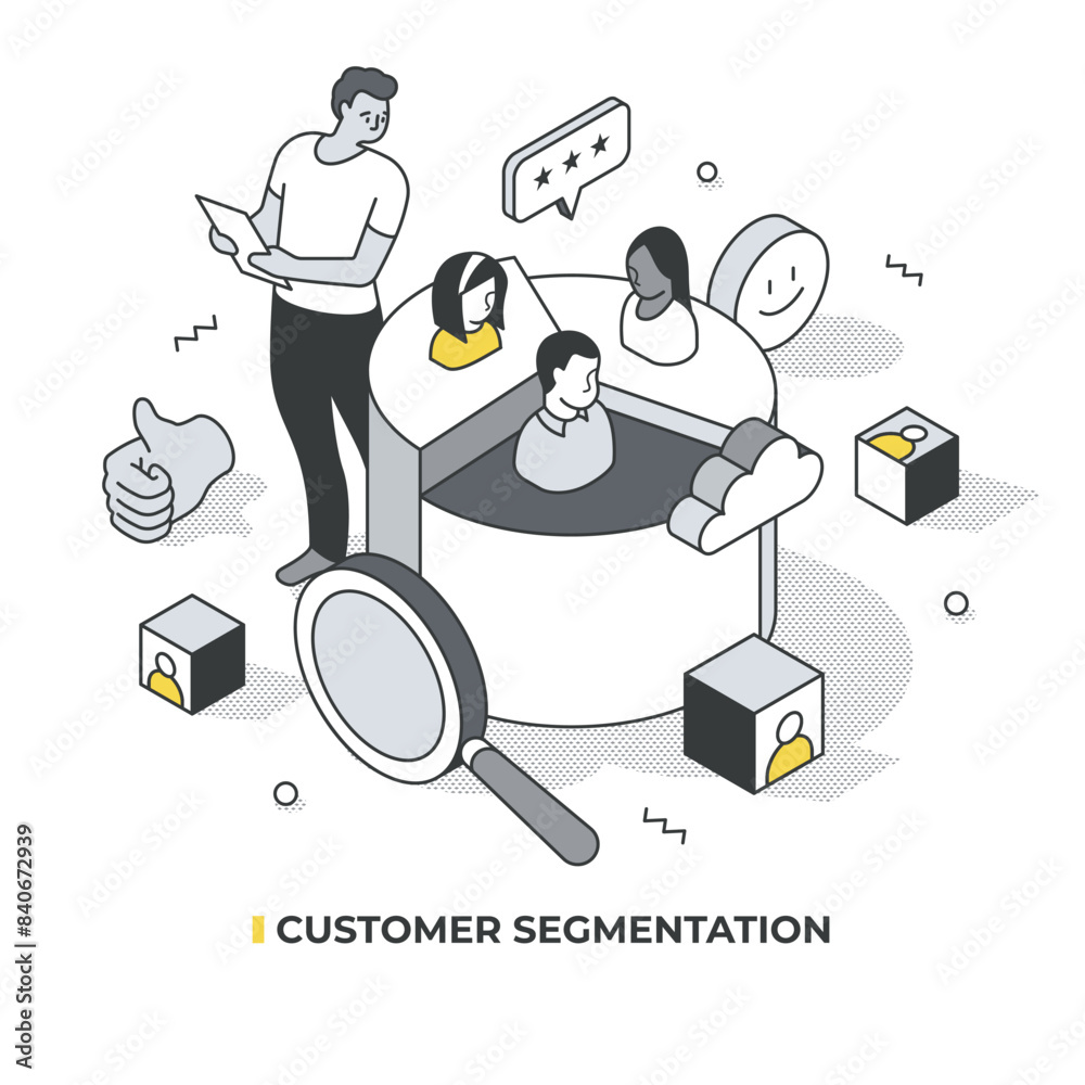 Customer segmentation concept. Man with clipboard defines target ... Customer segmentation concept. Man with clipboard defines target ...