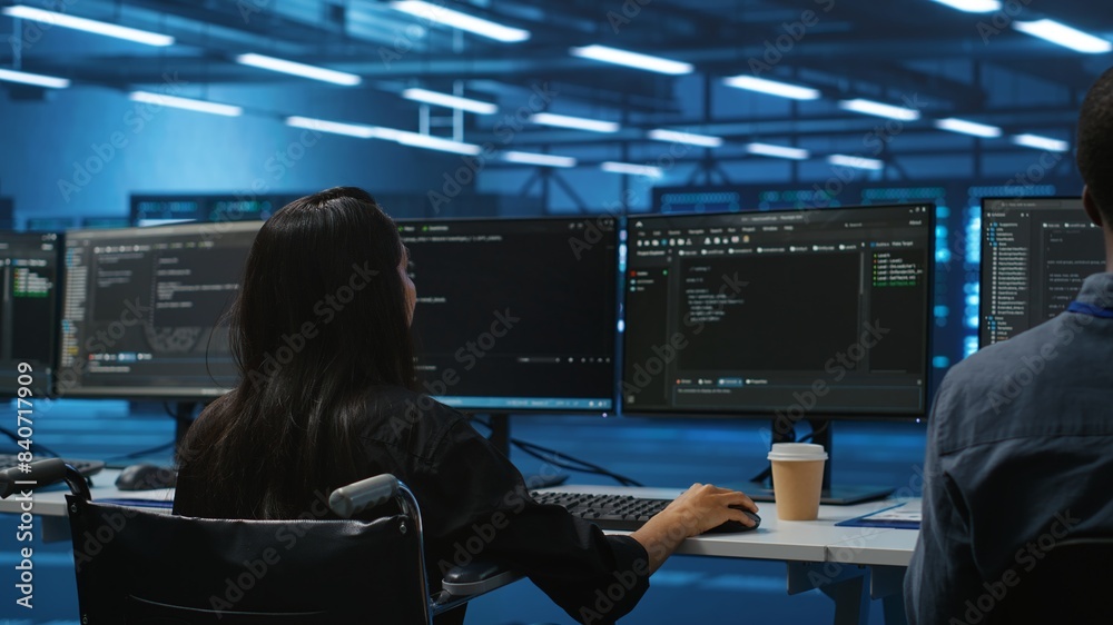 Woman with impairment next to diverse coworkers in data center coding on computer. Wheelchair ...