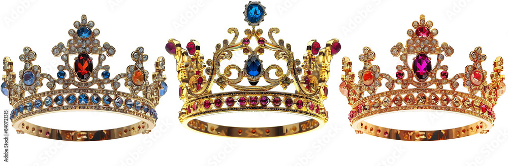 3 different crowns made of gold with rubies and sapphires, isolated on ...