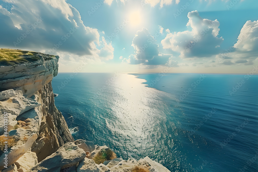 Stunning coastal cliffs overlooking the ocean under a bright sky with ...