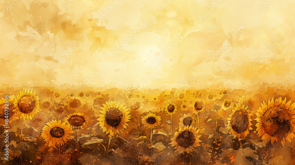 Wide-angle shot of a sunflower plantation under a hazy, hot sun with ...