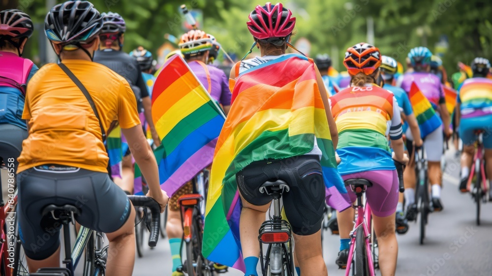 Cyclists in a pride parade, adorned with vibrant rainbow flags ...