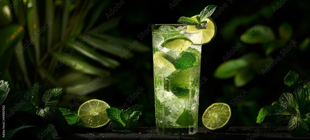 Cocktail Mojito Cubano with dark background side view free space for ...