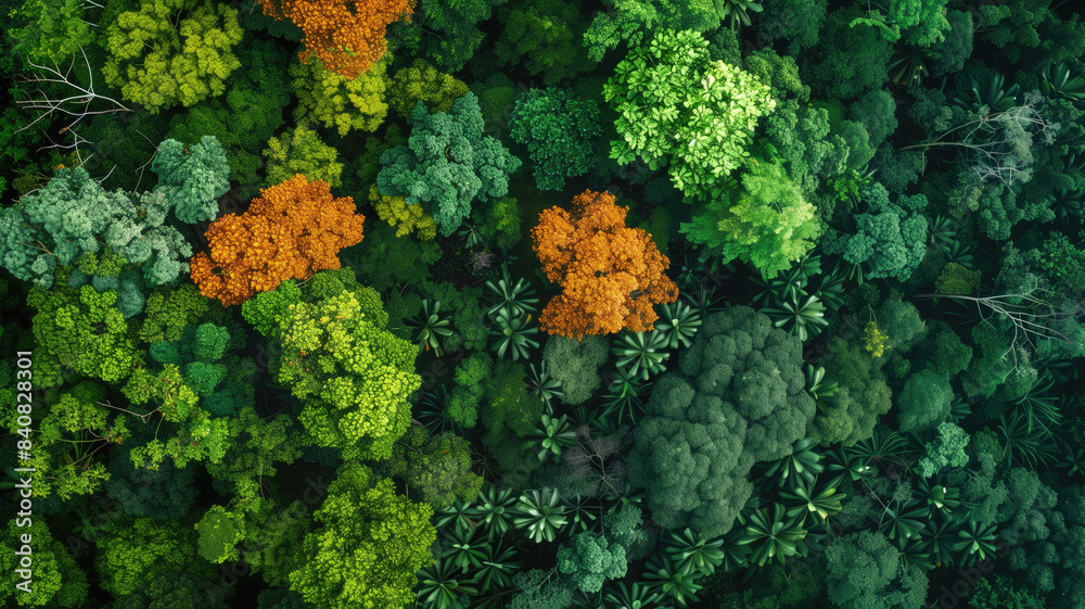 Deforest environmental problem, aerial split image from above top view ...