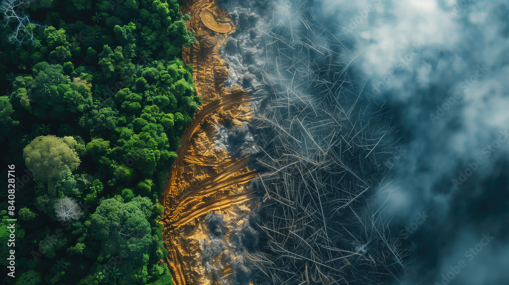 Deforest environmental problem, aerial split image from above top view ...