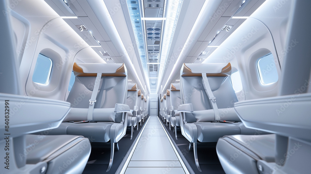 The interior of a modern plane during the day, with rows of comfortable ...
