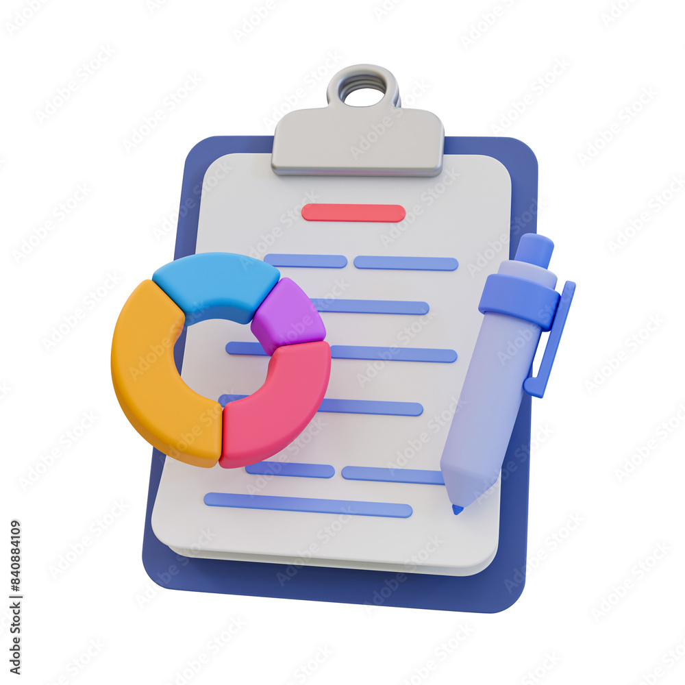 3D illustration of a clipboard with a pie chart and a pen, representing ...