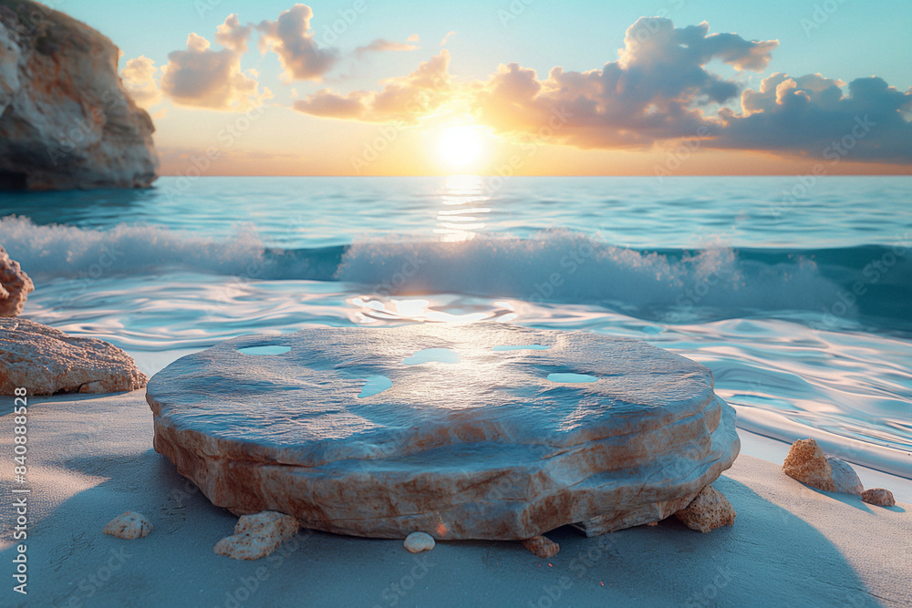 Summer sand, hot sun and tropical sea background with abstract stone ...