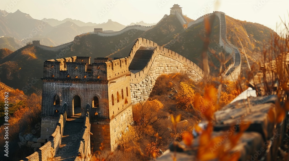 Stunning view of the Great Wall of China captured at sunset. Historic ...