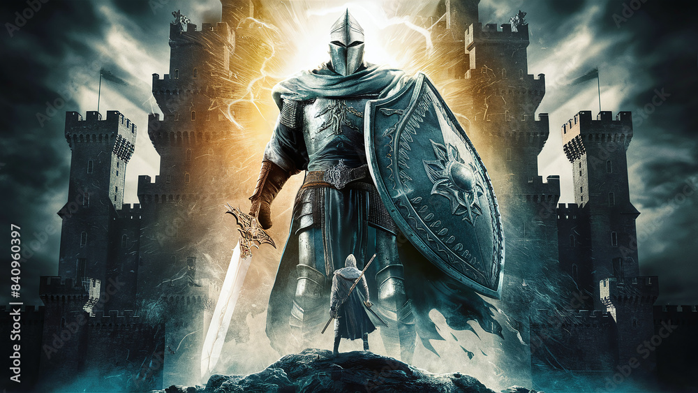 epic powerful medieval knight with sword and metal shield guardian ...