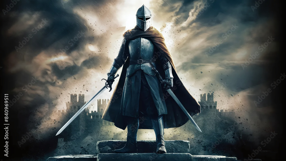 Illustration Stock epic powerful medieval knight with sword and metal ...