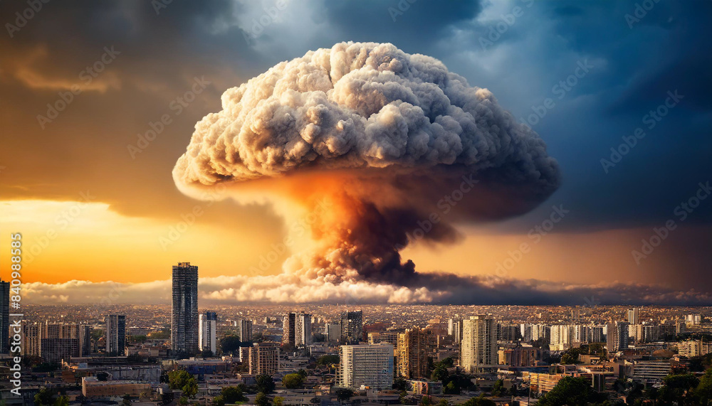 Devastating nuclear explosion depicted by mushroom cloud over city ...