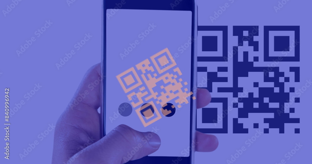 Image of qr code and qr code scanning on smartphone, over purple ...