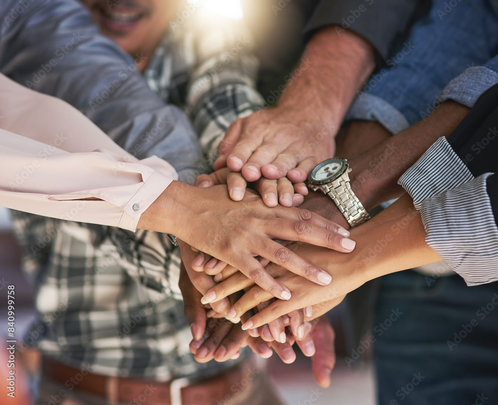 Business people, hands and together in office for motivation or goal ...