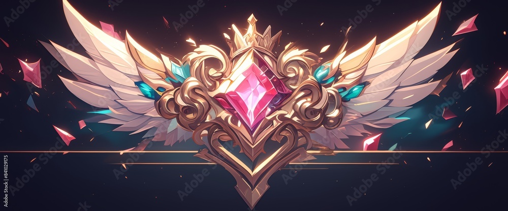 Mobile game banner depicts a golden crown with powerful white wings ...