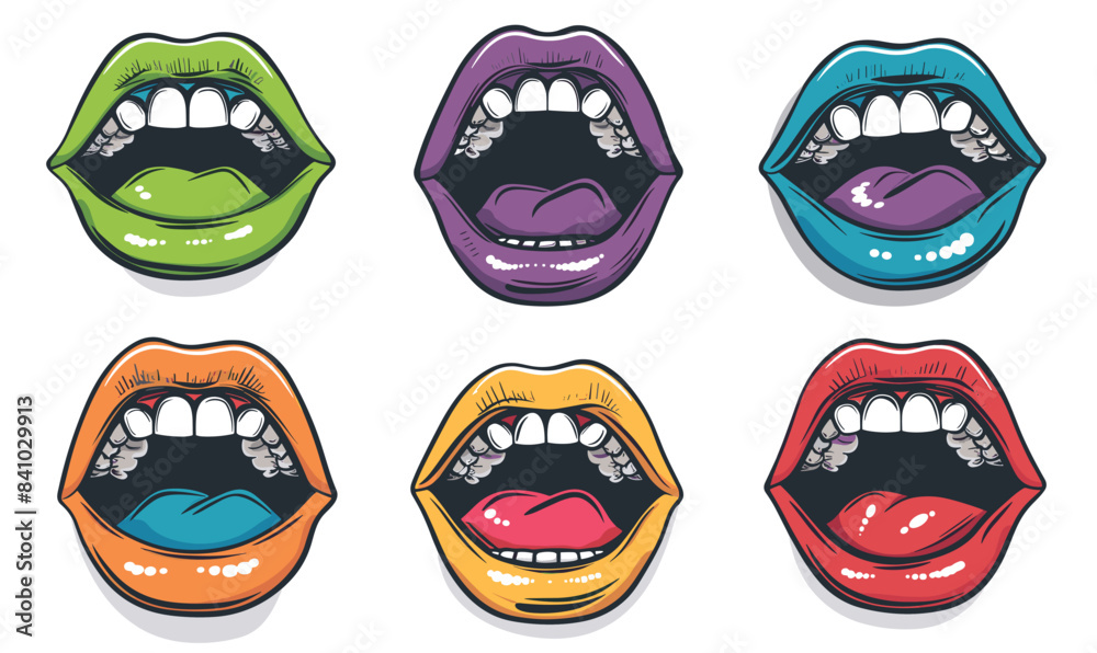 Six colorful cartoon lips, different colors, emotions, isolated white ...