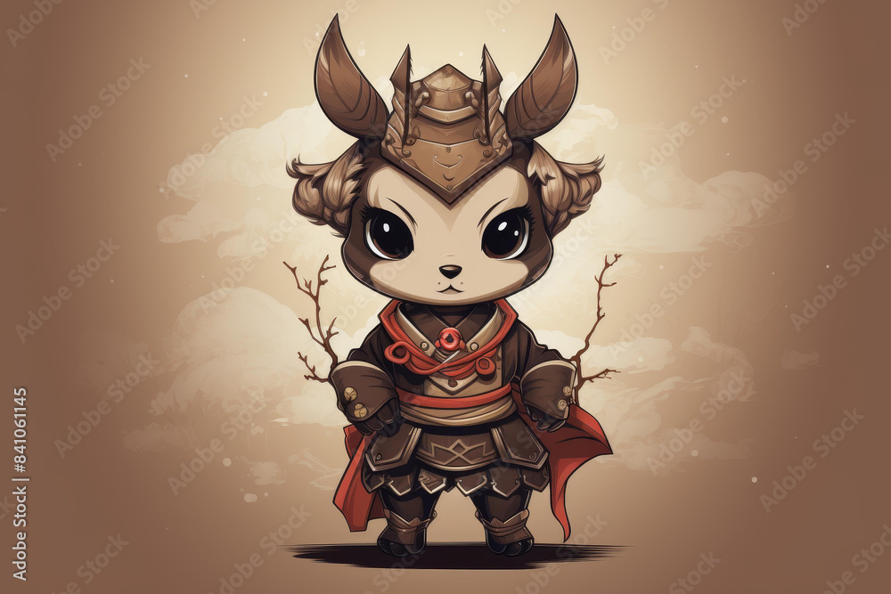Unique chibi illustration of a deer as a samurai warrior in traditional ...