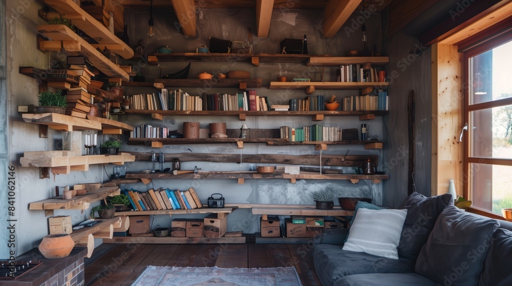 Repurposed railway sleepers as wall-mounted shelves add rustic charm ...