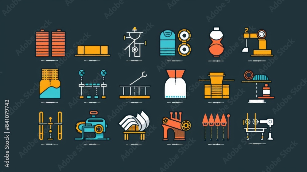 Colorful icons depicting various stages of textile manufacturing, from ...