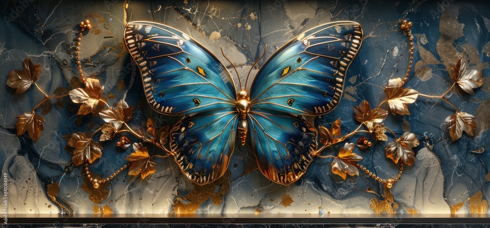 3d luxury wall mural decoration, blue and gold butterfly with golden ...
