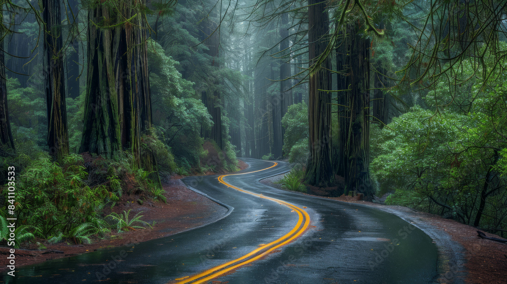 Torrential rain obscures the asphalt road's yellow lines in this lush ...