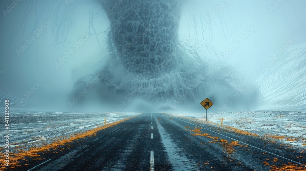 Enormous tornado on road sign of climate change and natural disaster ...