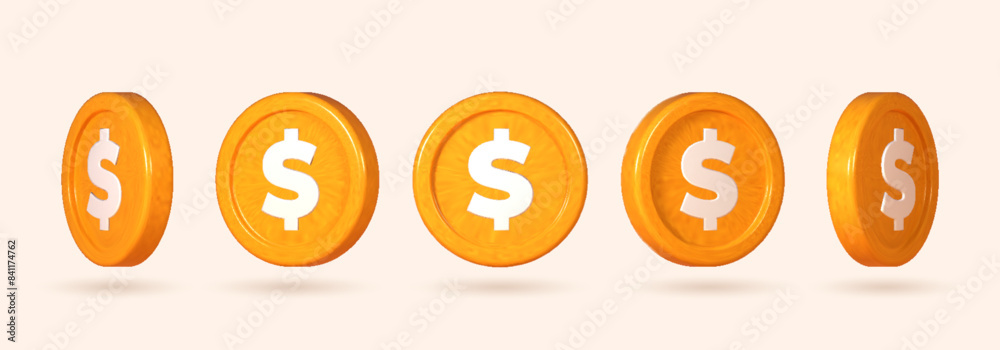 Coins displayed in various positions. Collection of 3D money depicted ...