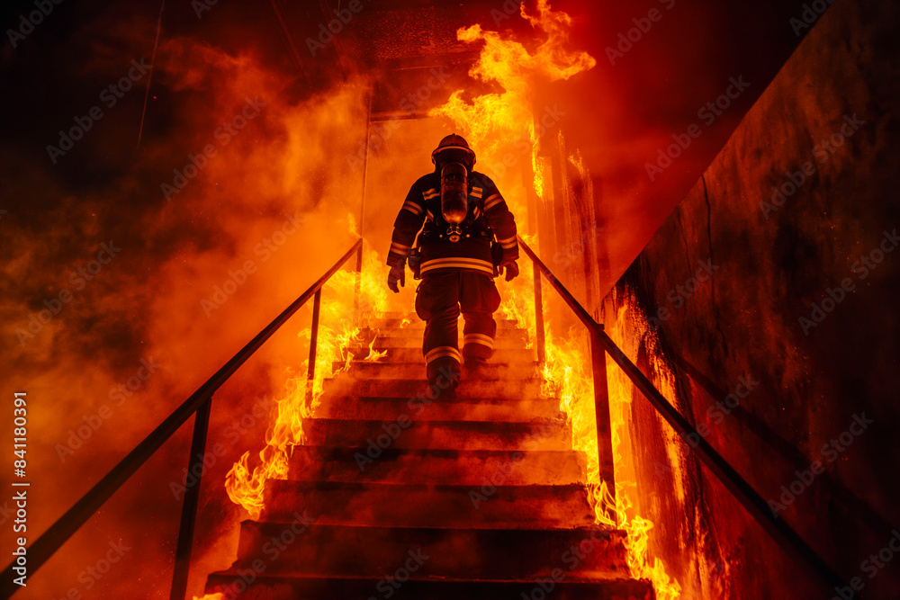 Strong and brave Firefighter Going Up The Stairs in Burning Building ...