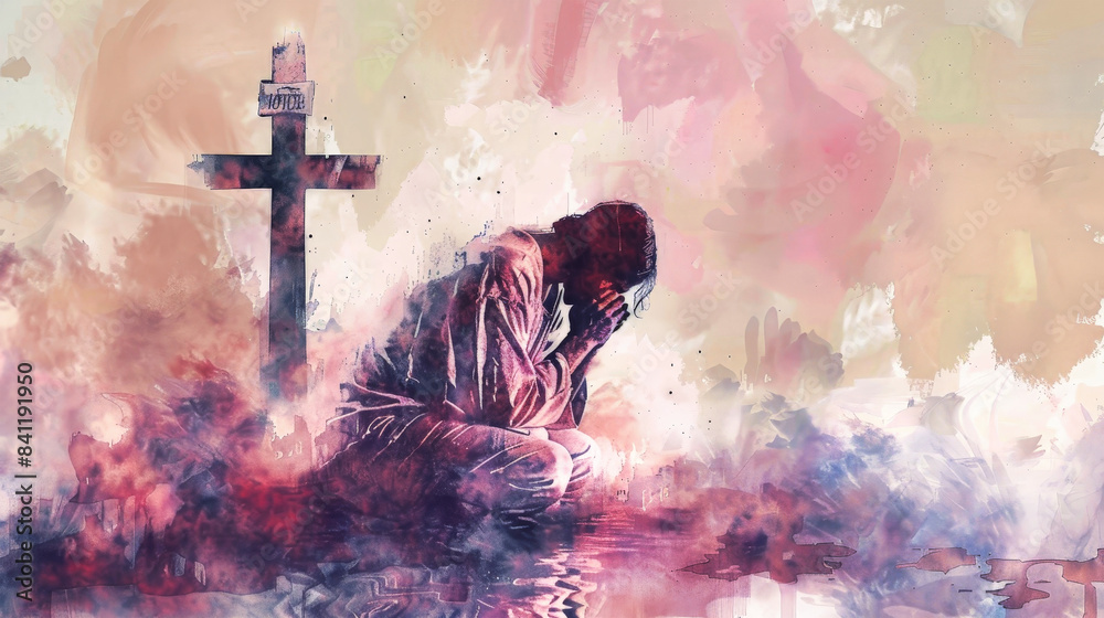 A watercolor painting depicting Jesus kneeling in prayer before a ...