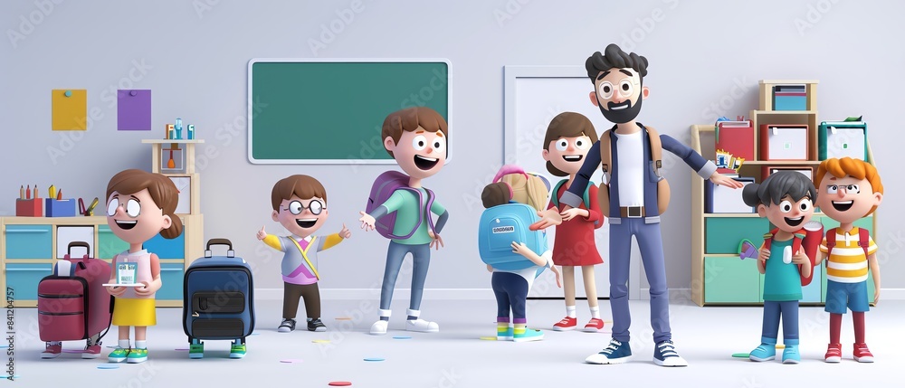 Teacher greeting students at the classroom door, colorful bulletin ...