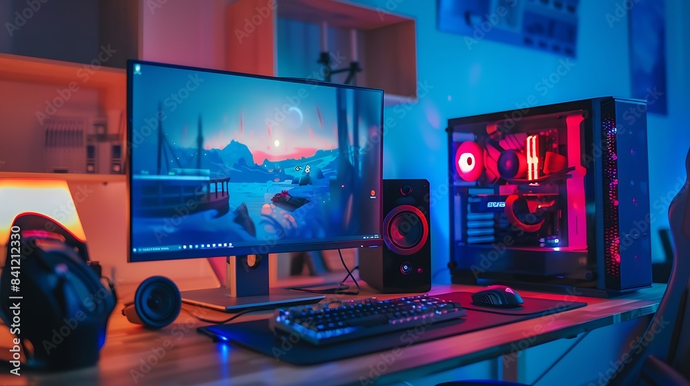 Modern Minimalist Gaming Setup on Wooden Desk with Focal Point on Clean ...
