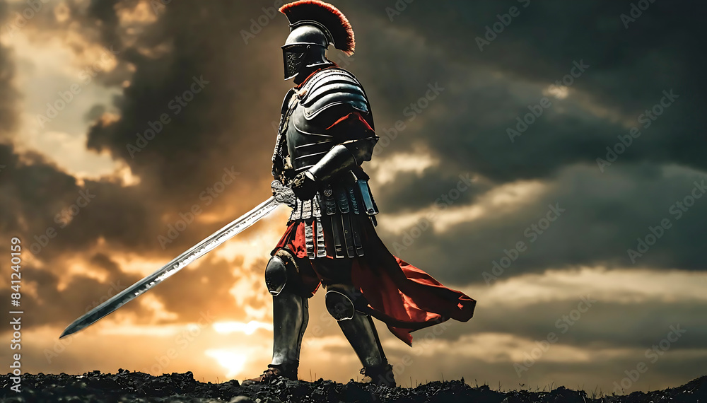 roman warrior in armour and red mantle holding sword, shield in ...