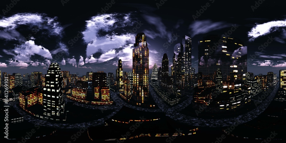 Night city, Cityscape, Environment map. HDRI map. Equirectangular ...