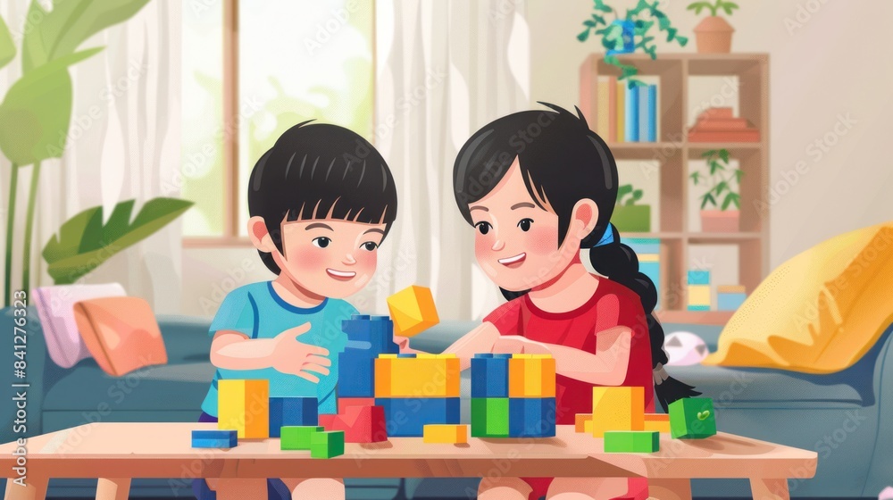 Adorable brother and sister play with toy blocks in the living room at ...