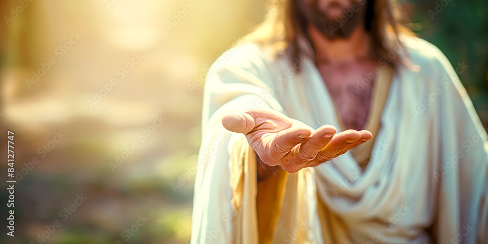 Jesus Christ reaching out with open arms in the sky and the resurrected ...