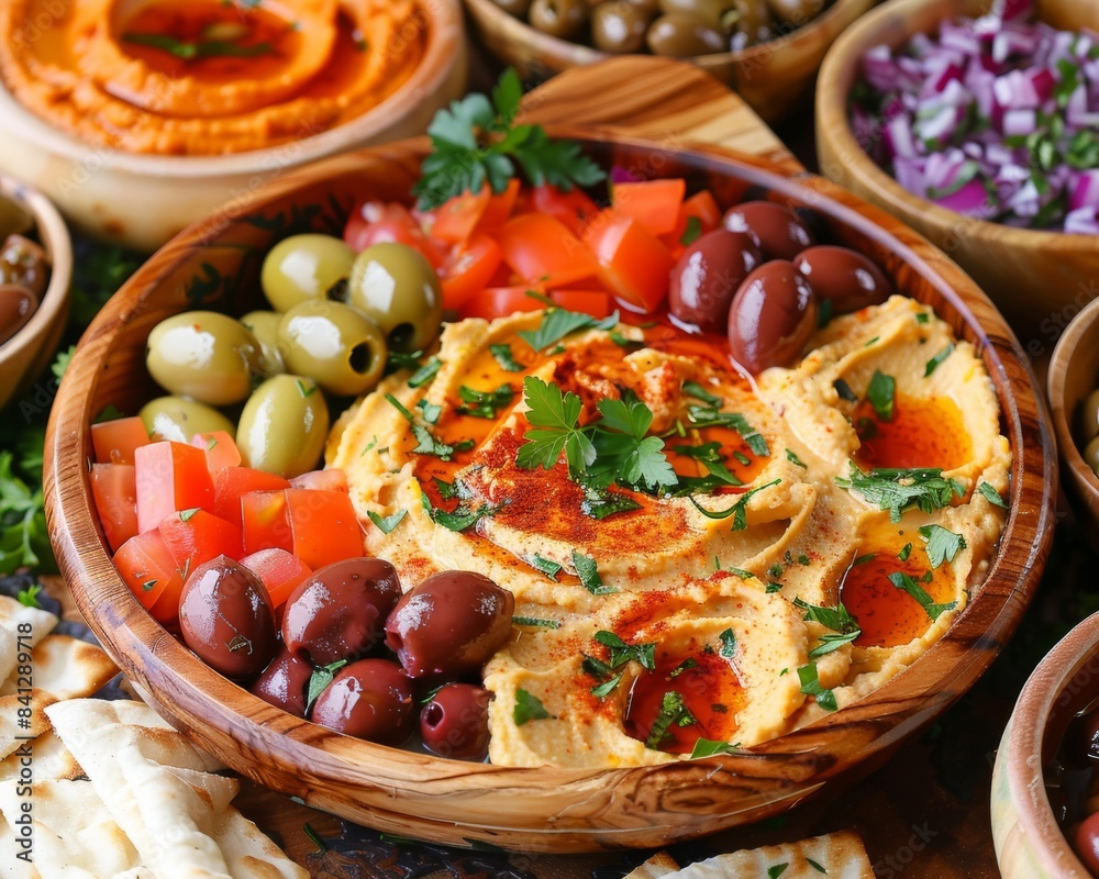 The Mediterranean Mezze Plate with Hummus and Olives is a variety of ...