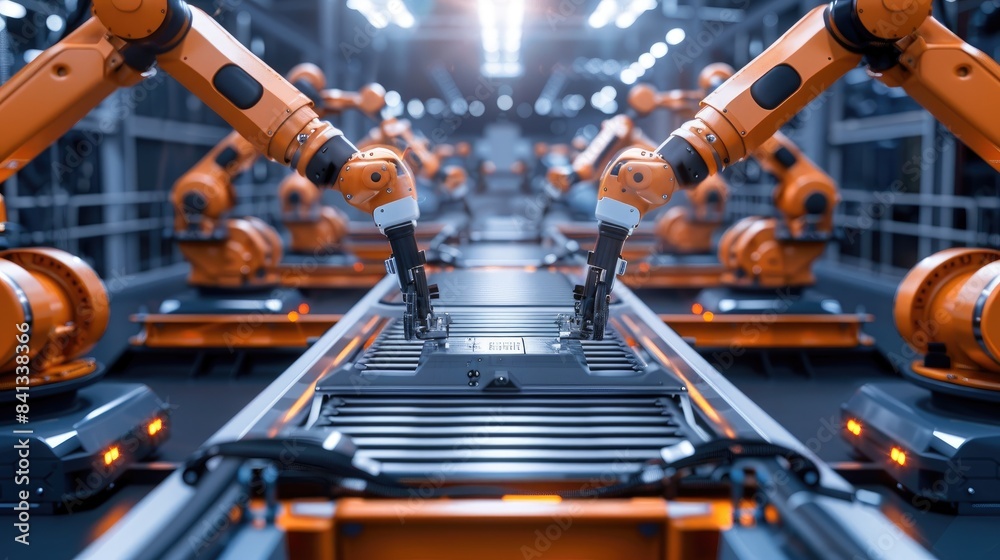 Automated Robot Arm Assembly Line Manufacturing High-Tech Green Energy ...