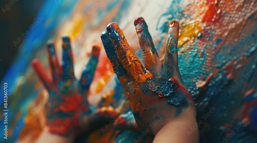 Close up of attractive elementary student hand playing stained color in ...